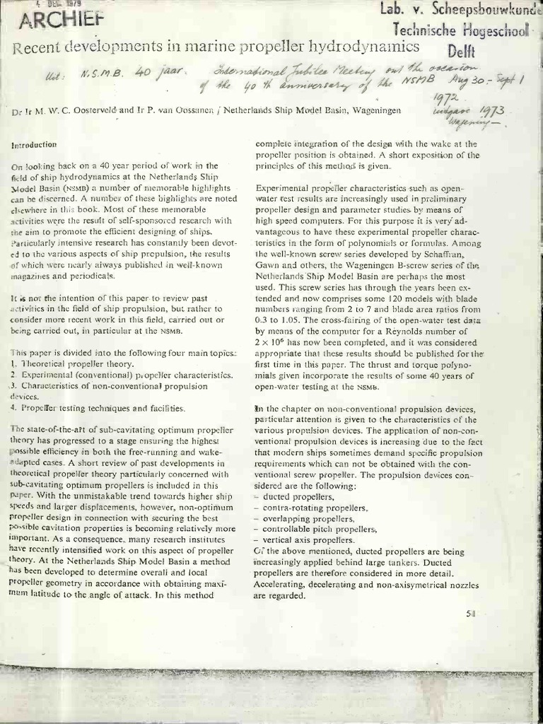 Recent Developments in Marine Propeller Hydrodynamics: Tecimsche Hoy ...