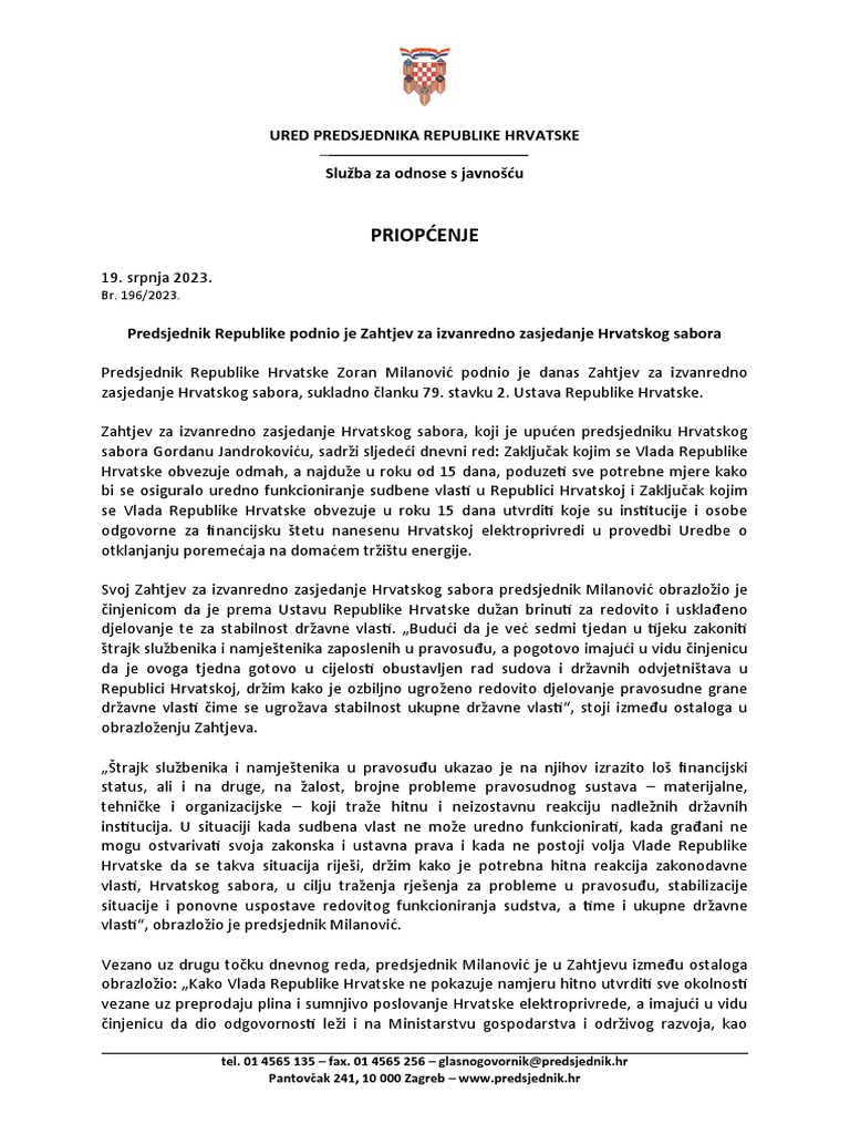 Priopćenje - Zahtjev Za Izvanredno Zasjedanje Hrvatskog Sabora | PDF