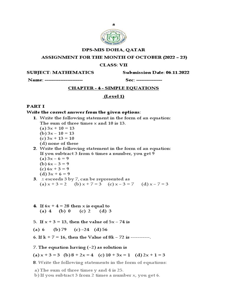 Class Vii Assignment New October 2022 | PDF | Triangle | Equations