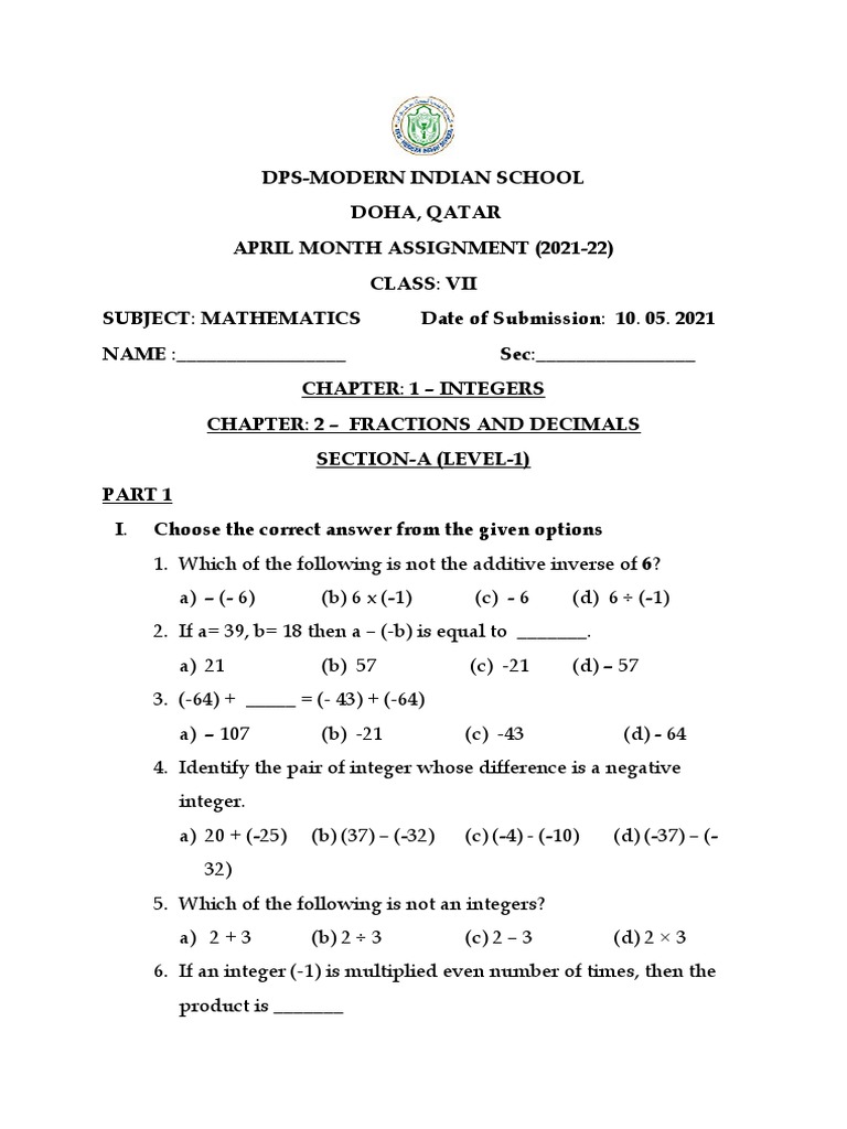 Grade 7 April Assignment 2021 22 Pdf Integer Mathematics