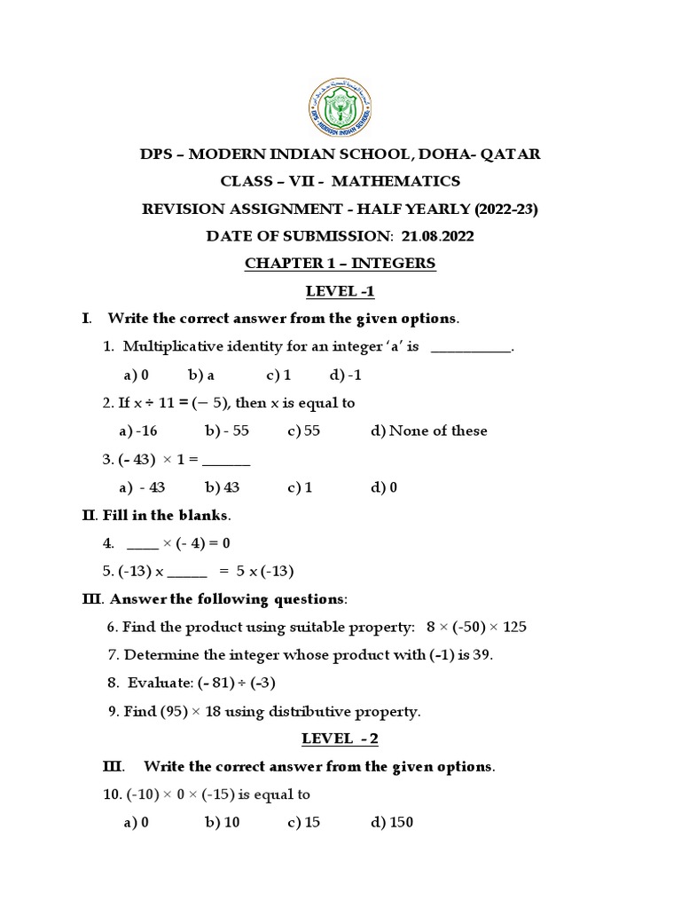 GRADE 7 - REVISION ASSIGNMENT - Half Yearly 2022-23 | PDF | Area | Angle