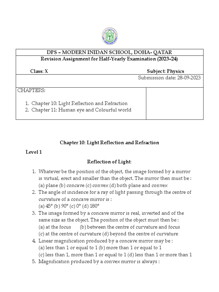 Half Yearly Revision Assignment | PDF | Refraction | Mirror