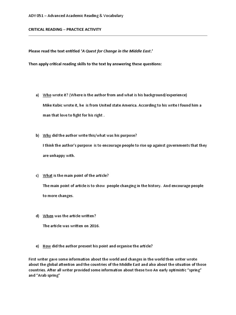 Critical Reading Practice Activity | PDF