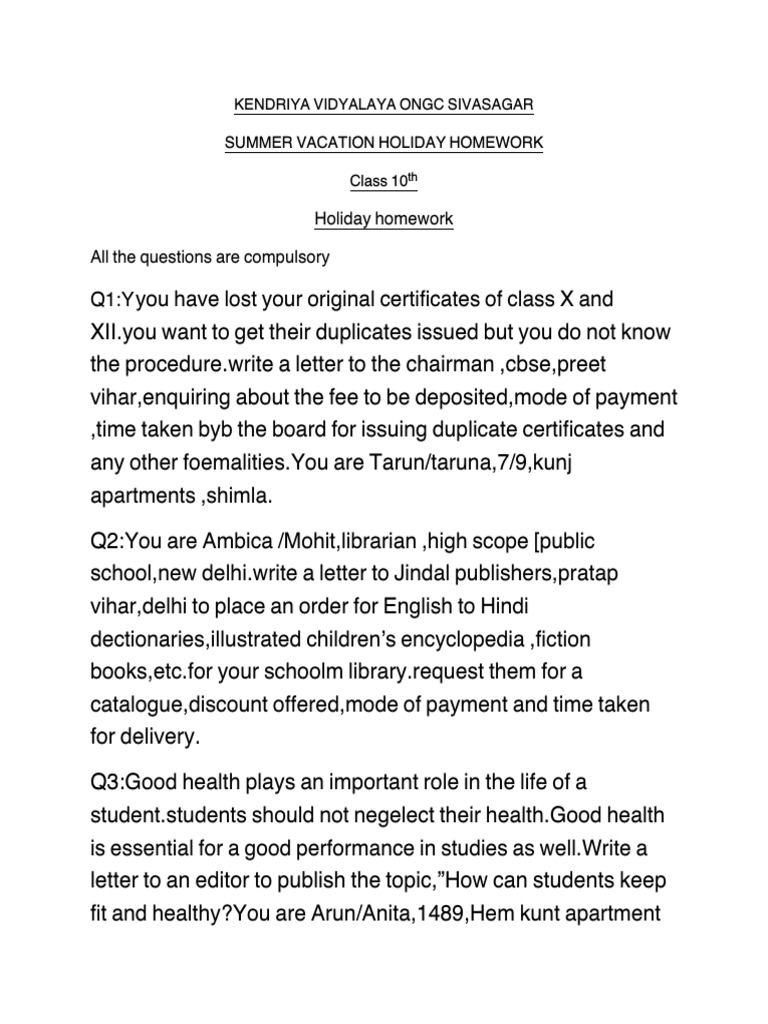 Holiday Homework Class 10 Summer Vacation 2023 | PDF | Linguistics | Syntax