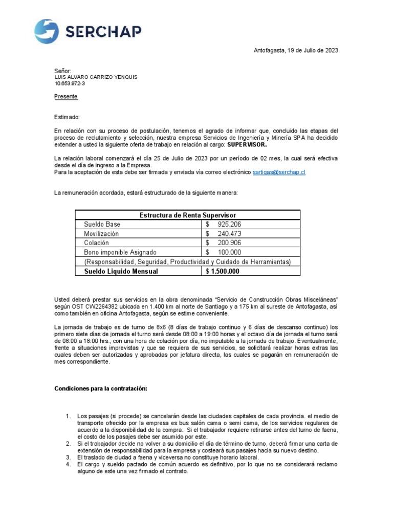 Carta de Oferta Luis Carrizo | PDF | Tiempo de trabajo