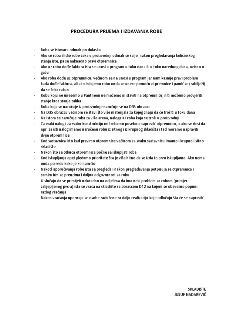 Procedura Prijema I Izdavanja Robe | PDF