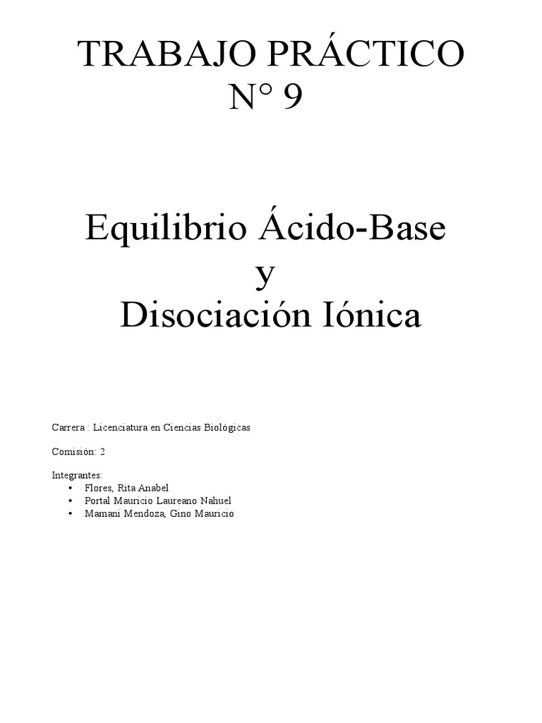 Tp N°9 Equilibrio Ácido Base Y Dis Ionica Pdf Ácido Ph