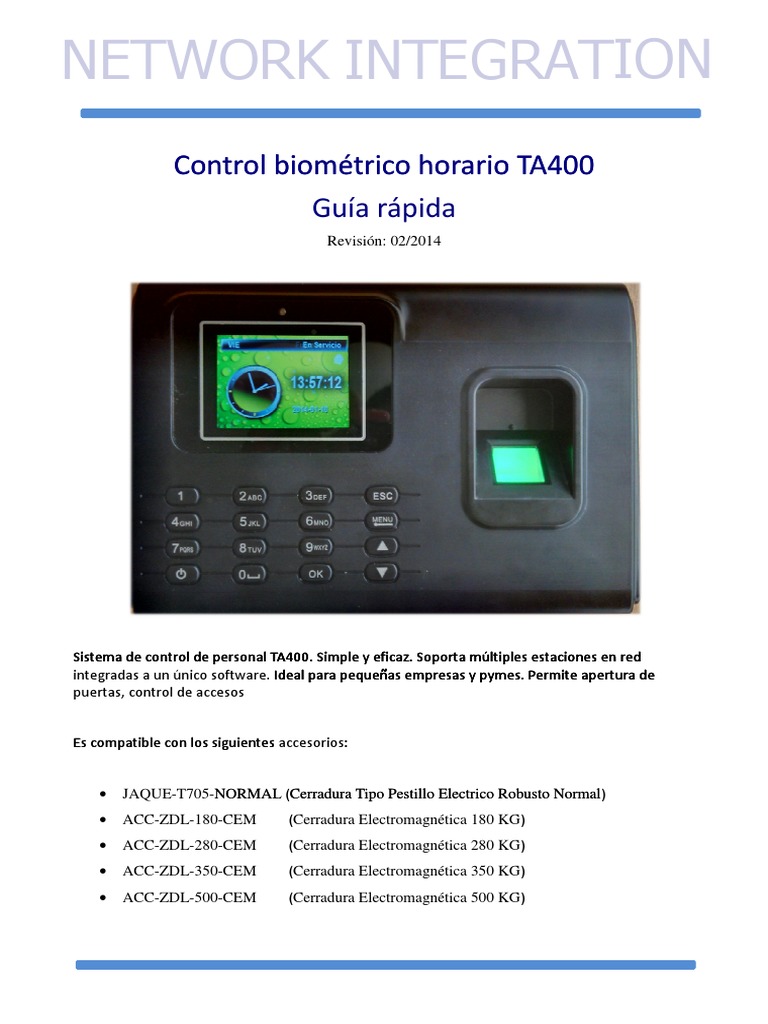 NETWORK INTEGRATION. Control Biométrico Horario TA400 Guía Rápida. Revisión - 02 - 2014 | PDF ...