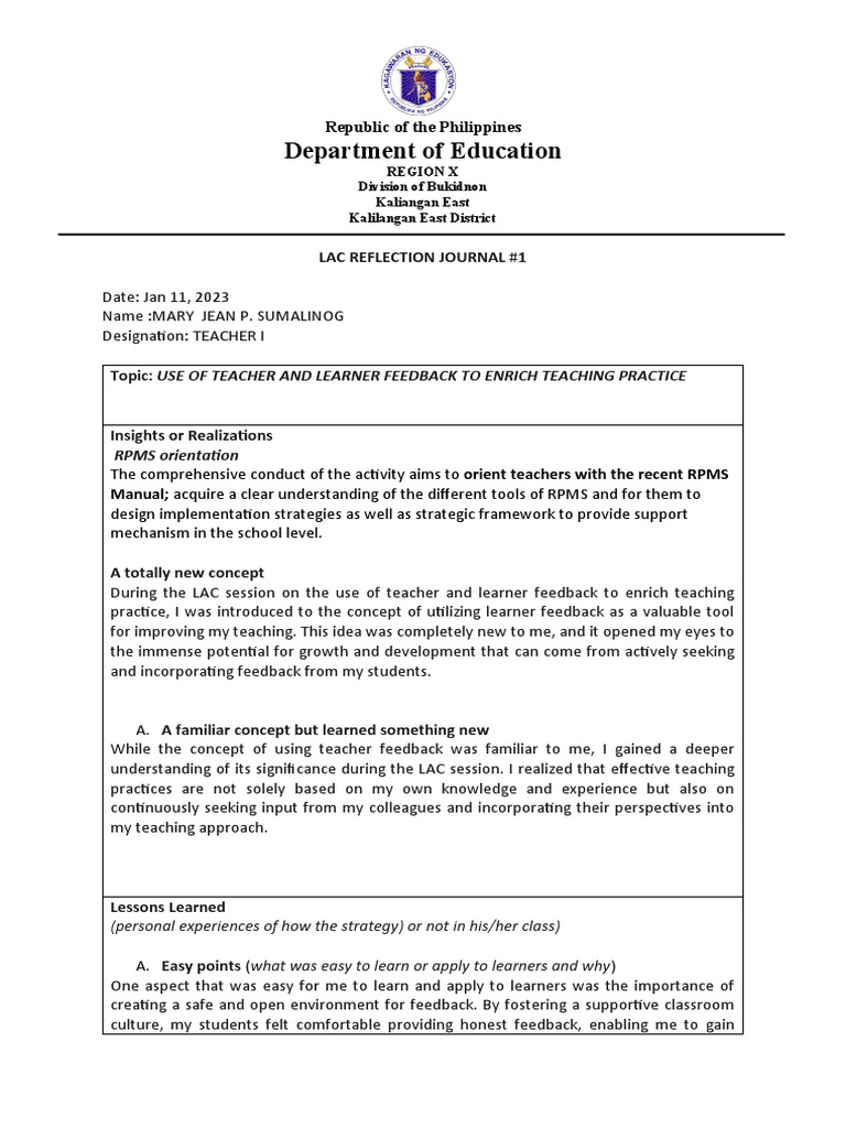 Reflection Journal Sample Objective 81 | PDF | Educational Technology | Learning