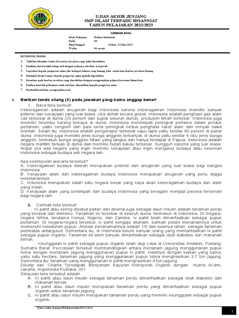 Contoh Format Penulisan Soal Ujian Akhir Jenjang 22-23 | PDF