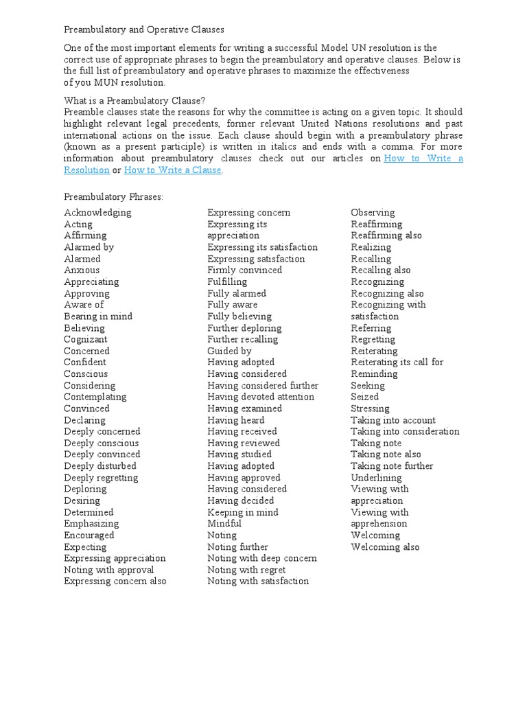 Preambulatory and Operative Clauses | PDF | Clause Preambulatory and Operative Clauses | PDF | Clause