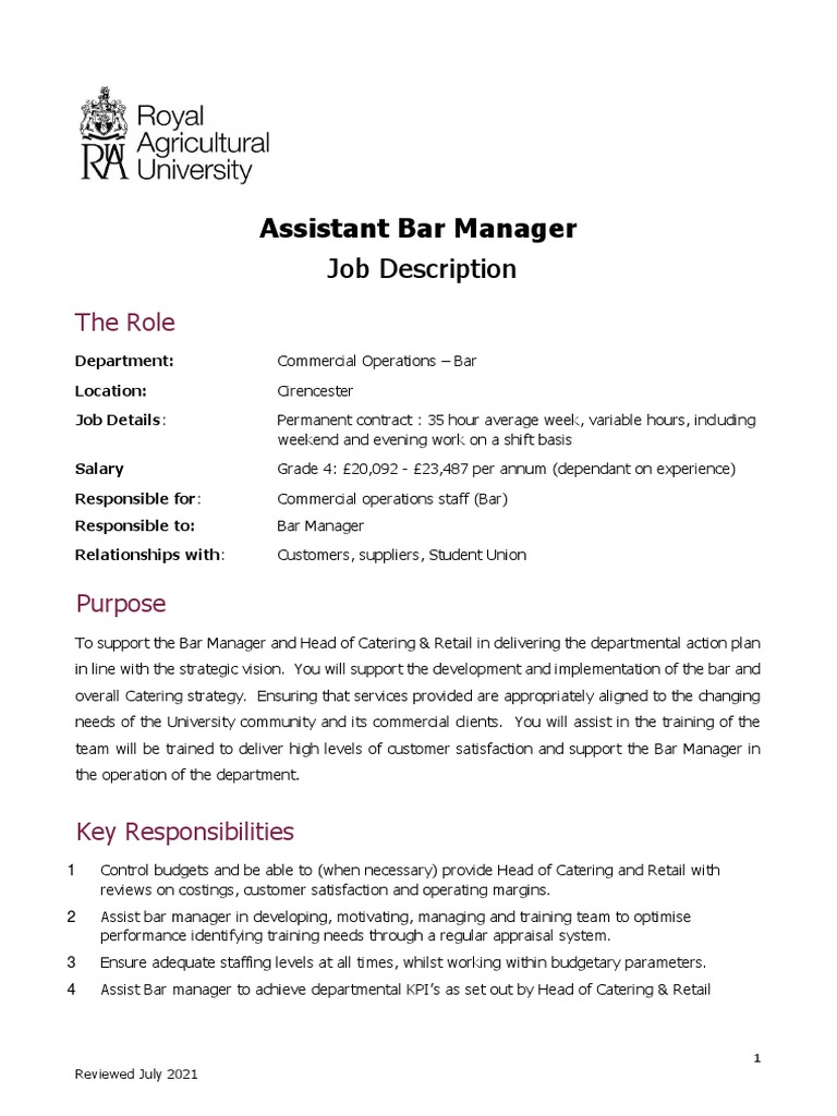 Assistant Bar Manager Job Description Sept 2021 | PDF | Performance Appraisal | Retail