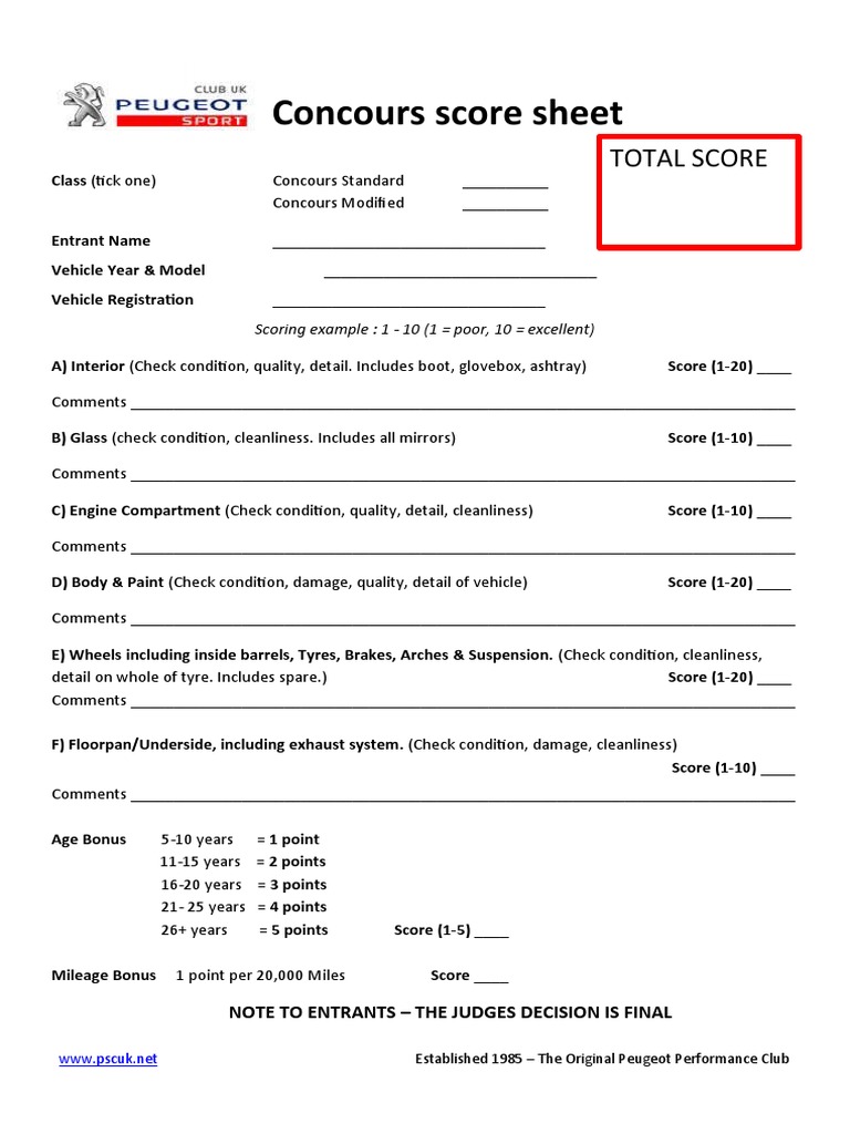 Pscuk Concours Score Sheet '21 | PDF | Vehicles | Motor Vehicle