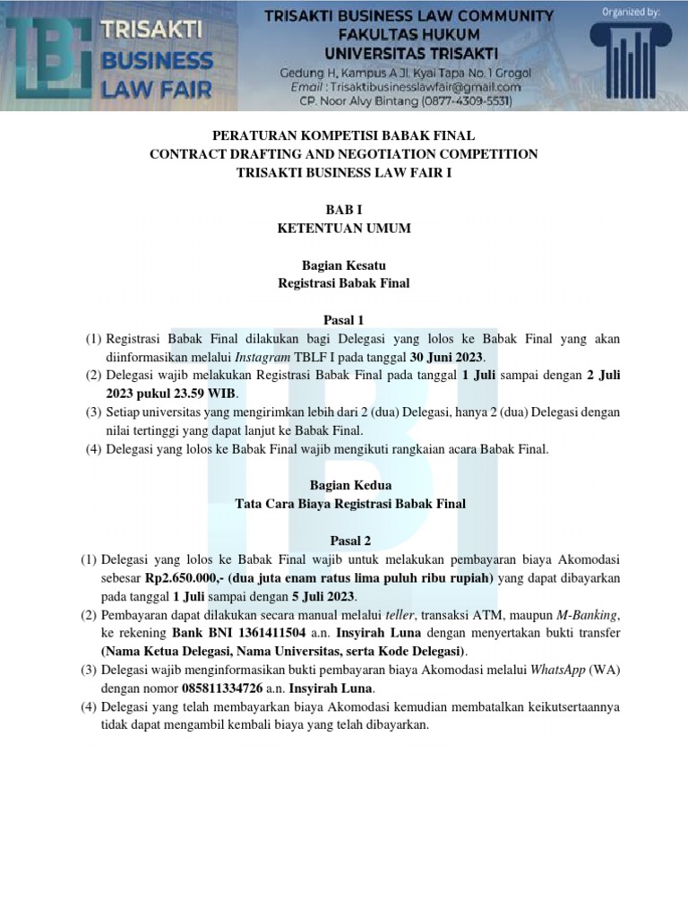 Peraturan Kompetisi Babak Final Contract Drafting and Negotiation Competition TBLF I | PDF