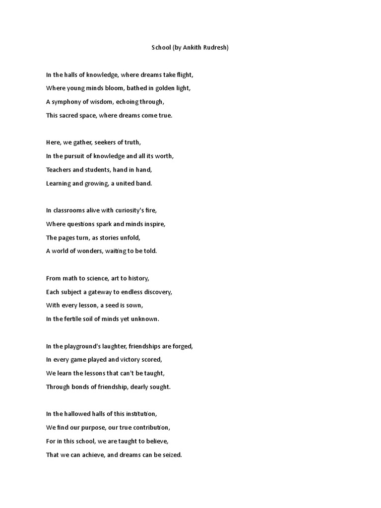 School (Our Second Home) A Poem by Ankith Rudresh | PDF