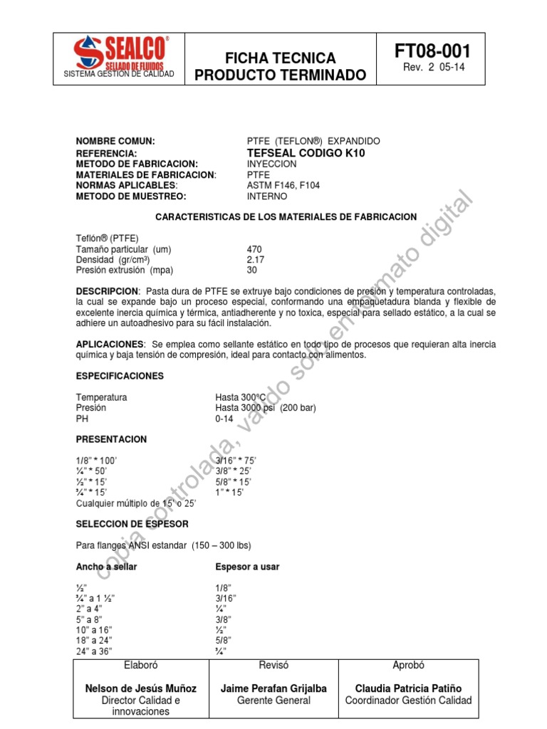 Lamina Tef Seal Sealco 9400 De 1 8 X 60 X 60 Pdf Ciencias Fisicas Química