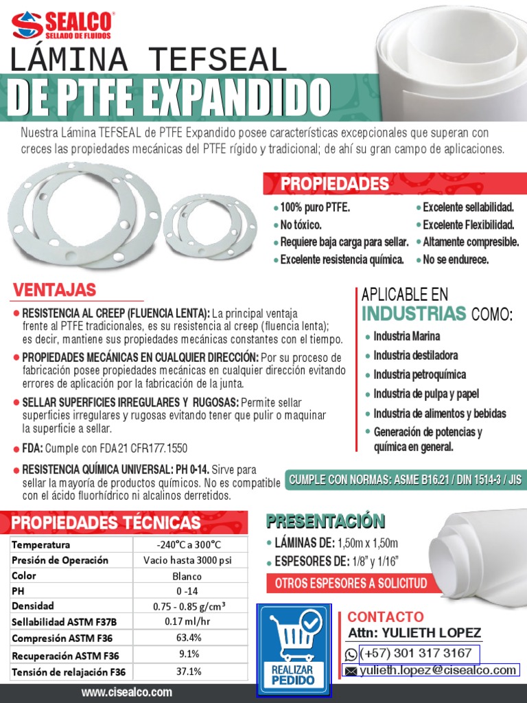 Catalogo Lamina Tefseal de Ptfe Expandido | PDF | Química | Materiales
