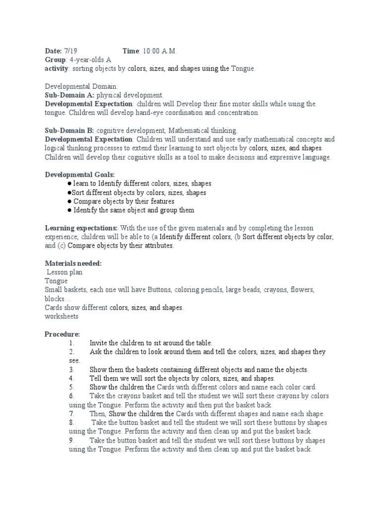 Sorting Colors, Shapes, and Sizes Activity | PDF | Thought | Lesson Plan