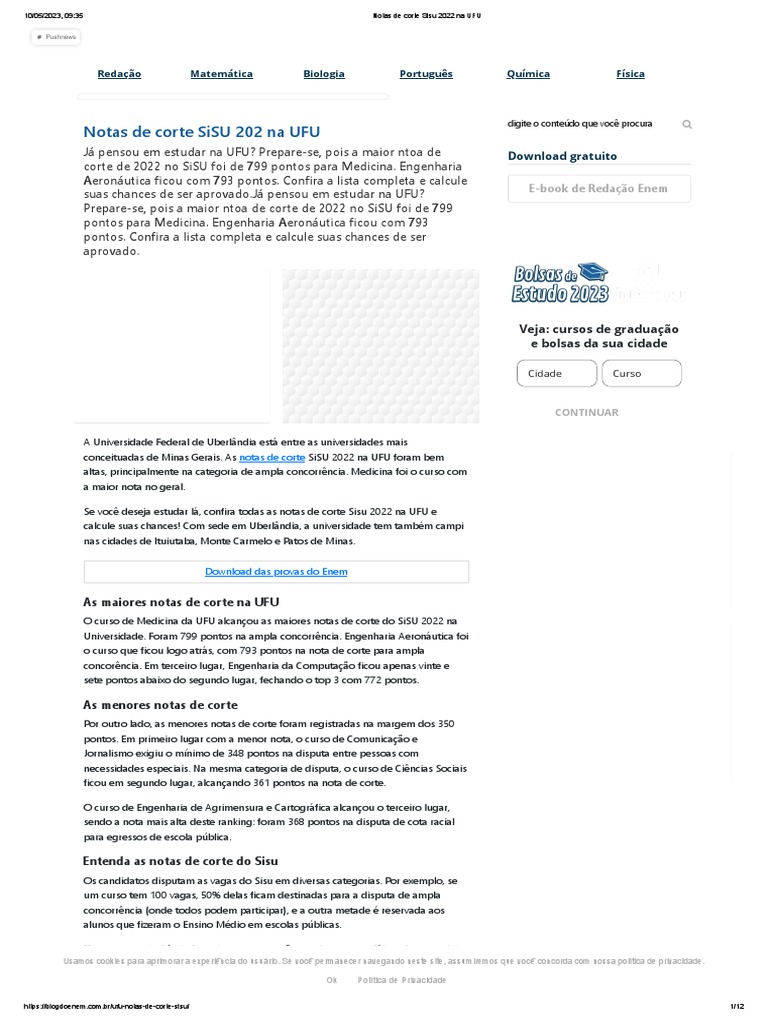 Notas de Corte Sisu 2022 Na UFU | PDF | Science