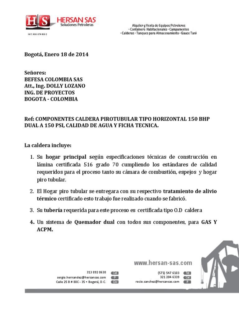 Ficha Tecnica Caldera Pirotubular 150 BHP y Calidad Del Agua | PDF | Agua | Ciencias fisicas