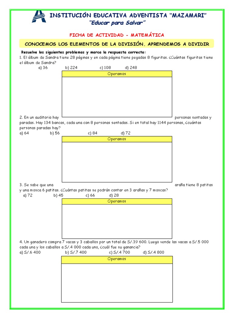 Problemas de División para Primaria | PDF | División (Matemáticas ...