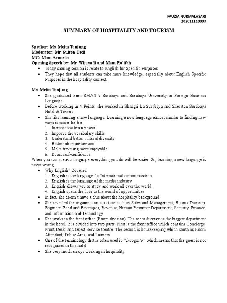Fauzia-Summary of Hospitality and Tourism | PDF | English Language ...