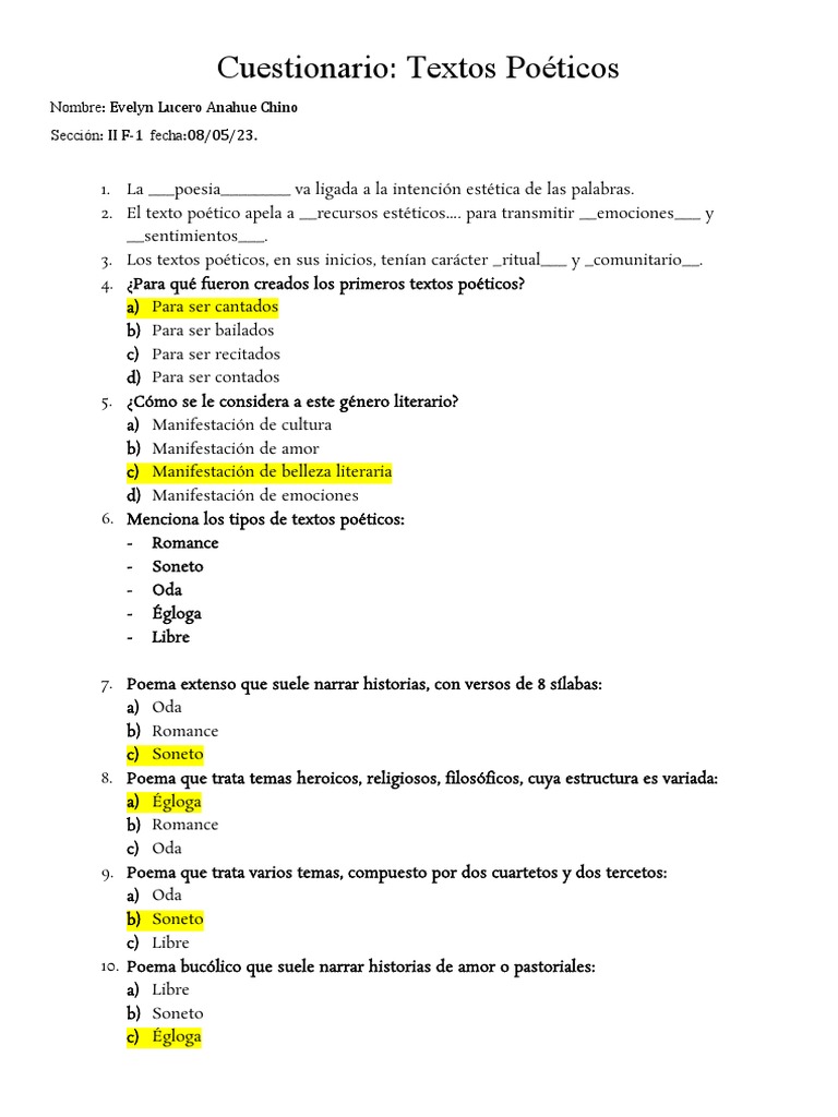 Cuestionario Textos Poéticos | Descargar gratis PDF | Poesía | Rima