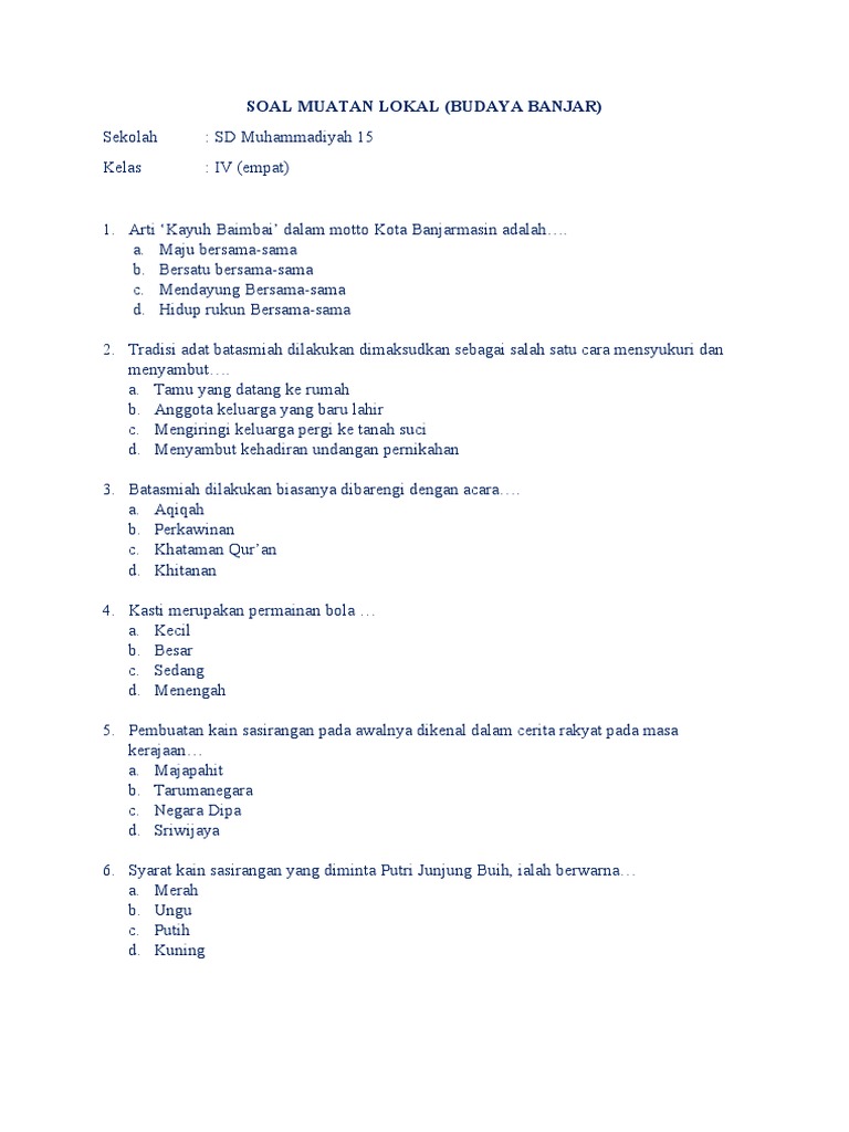 Soal Muatan Lokal Kelas 4 | PDF