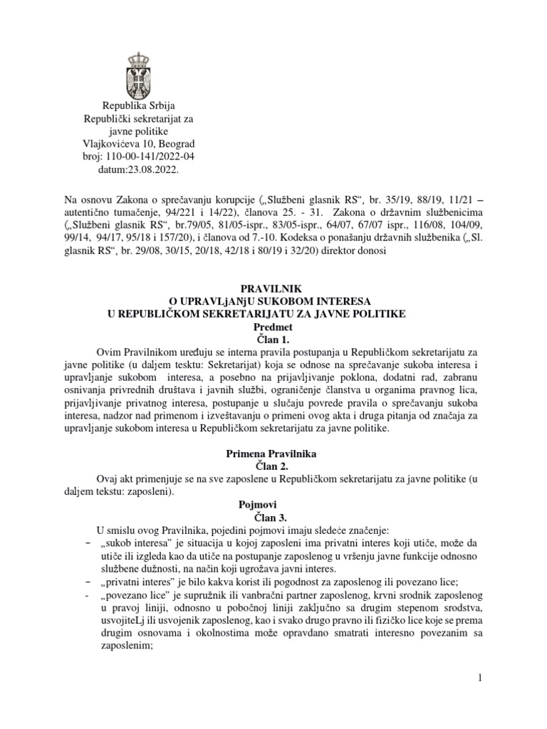 Pravilnik o Upravljanju Sukobom Interesa Lat | PDF
