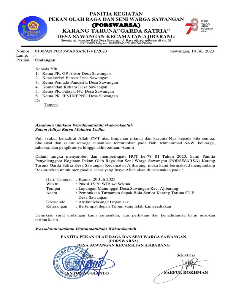 Surat Undangan Pembukaan Turnamen Sepak Bola Ormas | PDF