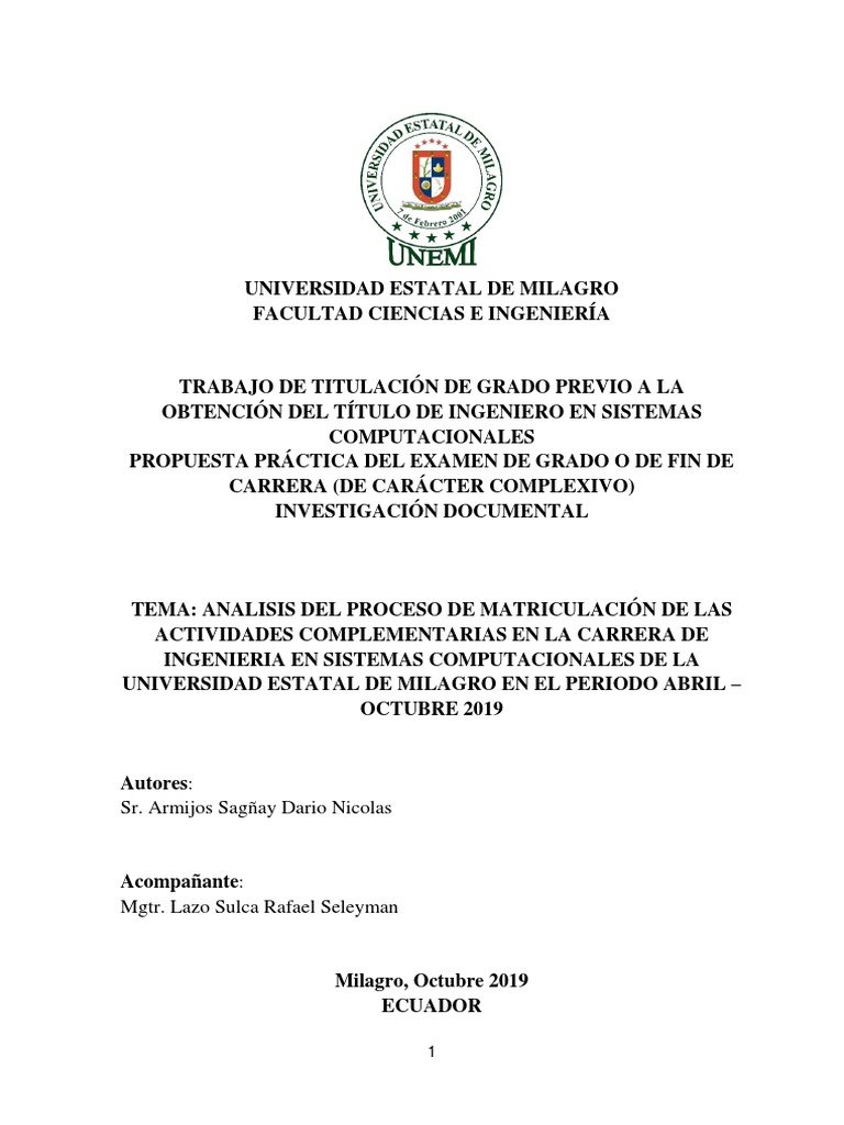 ANALISIS DEL PROCESO DE MATRICULACIÓN DE LAS ACTIVIDADES COMPLEMENTARIAS EN LA CARRERA DE ...