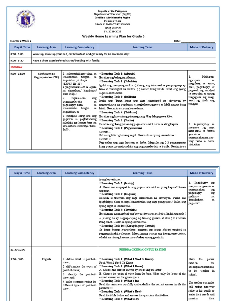Grade 5 - All Subjects - WHLP - Q2 - W2 P | PDF