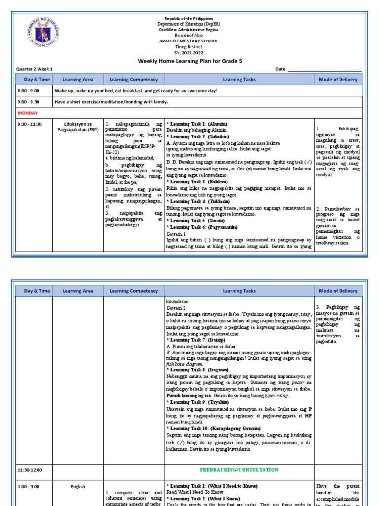 Grade 5 - All Subjects - WHLP - Q2 - W1 P | PDF