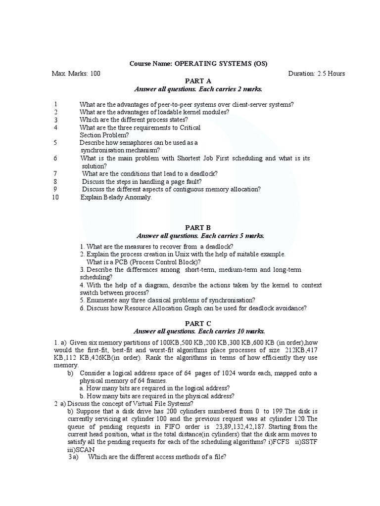 Course Name Operating Systems Os Part A Answer All Questions Each Carries 2 Marks Pdf 8385