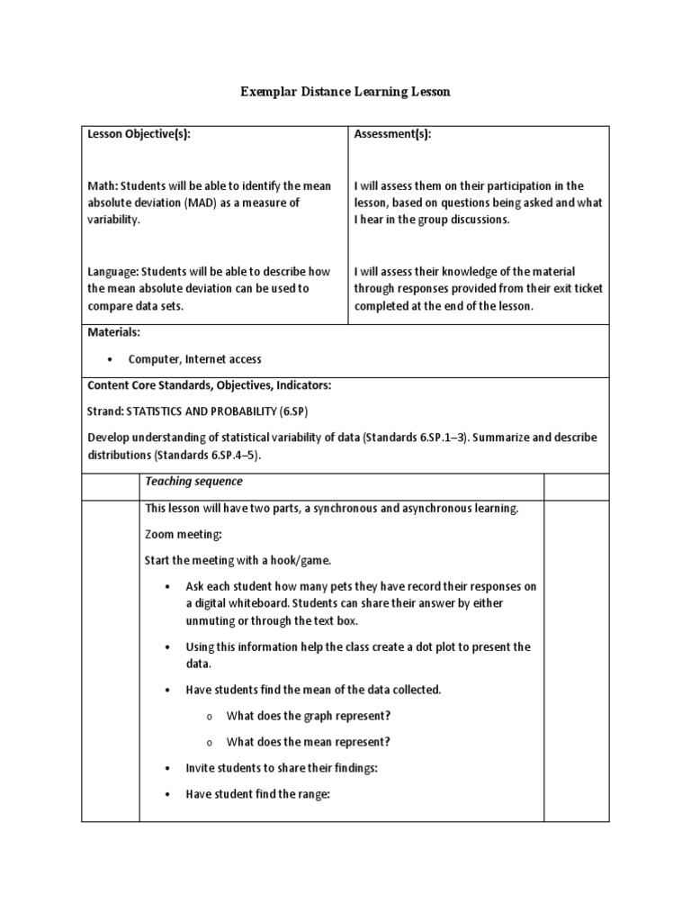Exemplar Distance Learning Lesson | PDF | Mean | Data