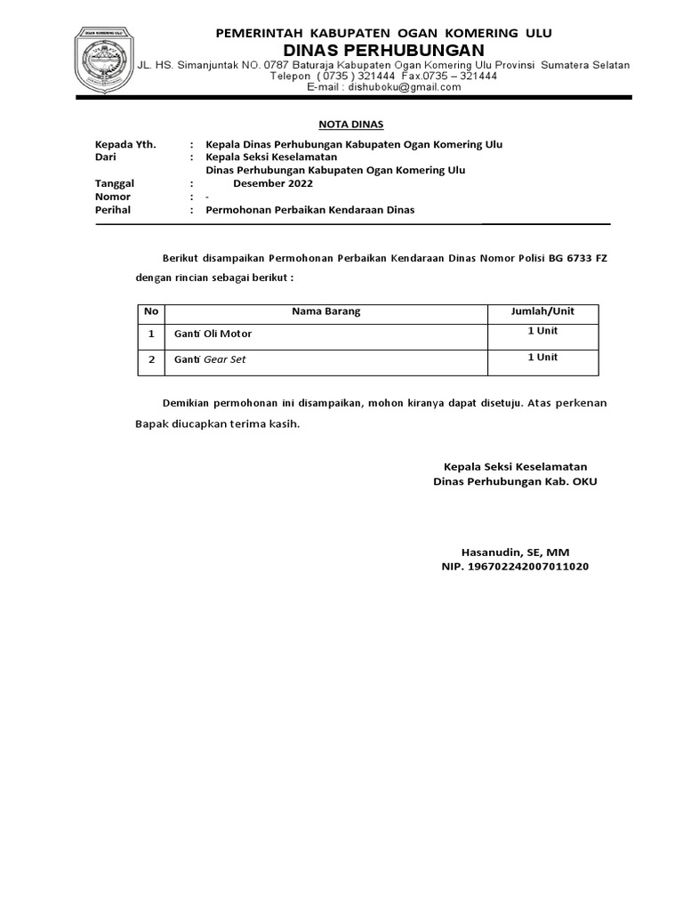 Nota Dinas Ganti Oli Motor Dinas | PDF