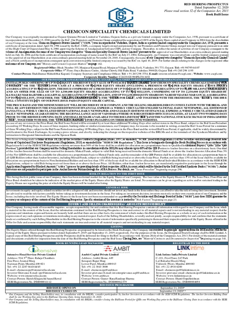 Chemcon IPO Prospectus | PDF | Stocks | Stock Exchange