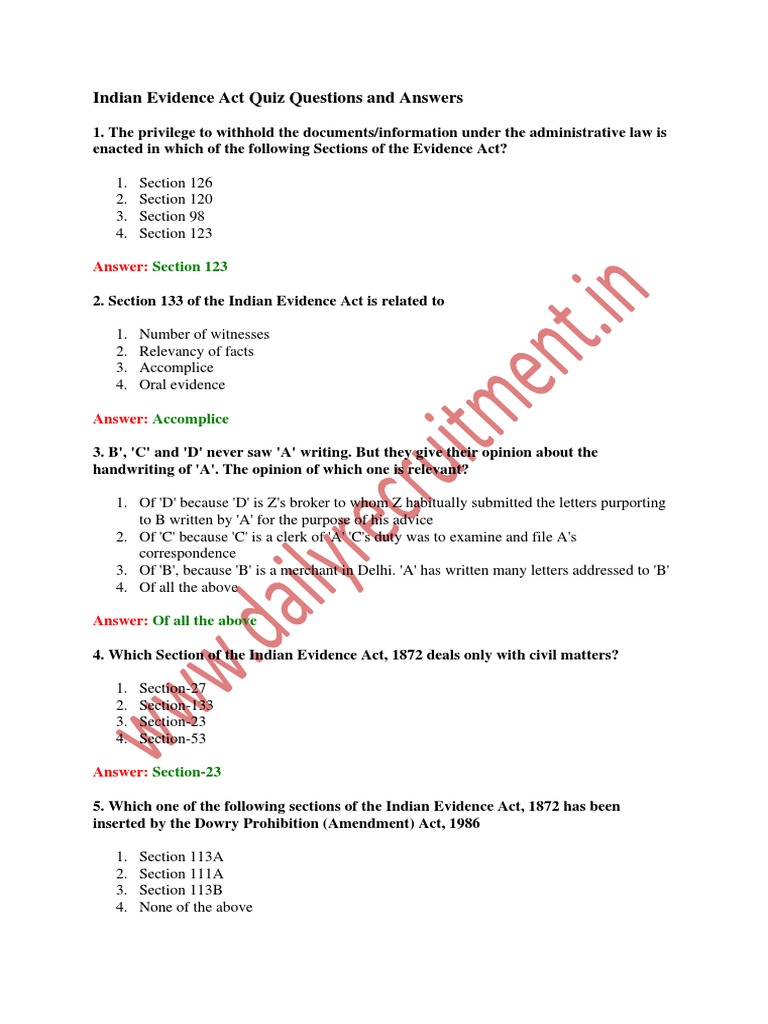 Indian Evidence Act Quiz Questions and Answers | PDF | Evidence (Law ...