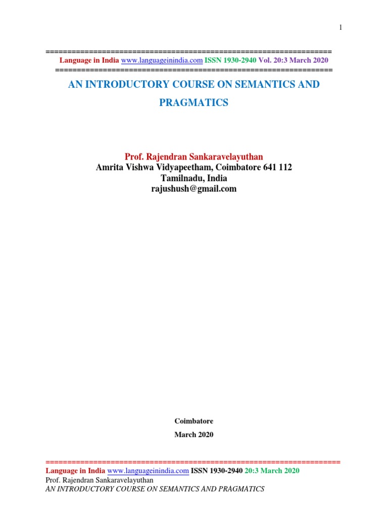 Monograph Prof Rajendran Semantics N Pragmatics | PDF | Linguistics | Philosophy Of Language