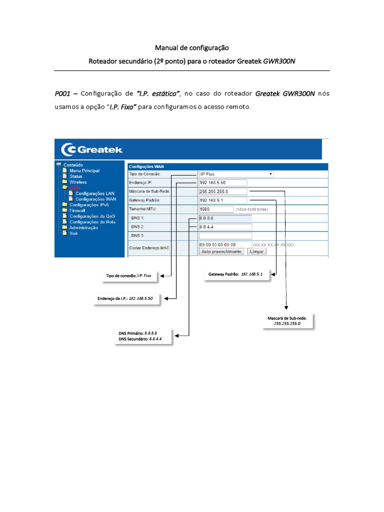 Configuração do Roteador Greatek GWR300N | PDF | Endereço de IP ...