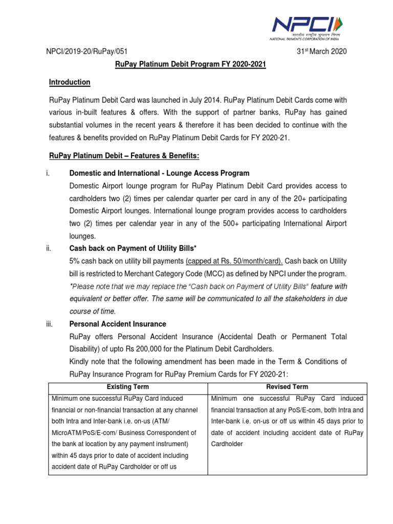 Terms and Conditions of NPCI Platinum Rupay Debit Card | PDF | Credit ...