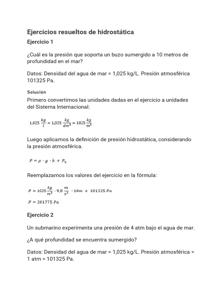 Ejercicios resueltos de hidrostática | PDF