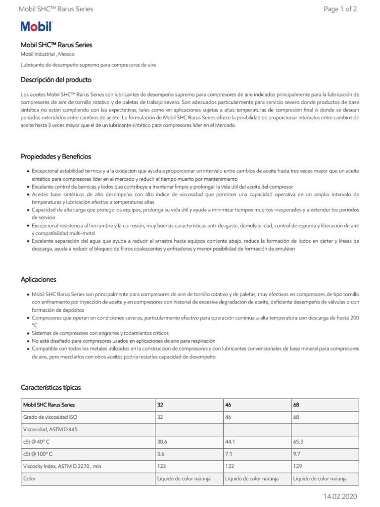 GL 46 Mobil SHC Rarus Series | PDF | Lubricante | Petróleo