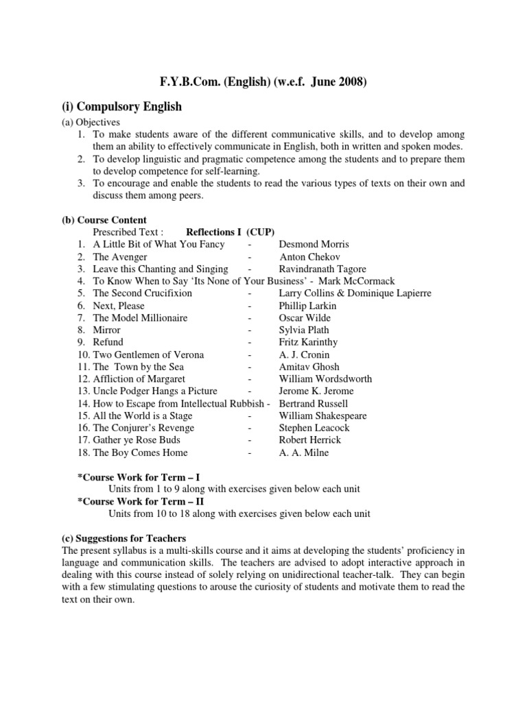 English Syllabus Pdf Teachers Learning