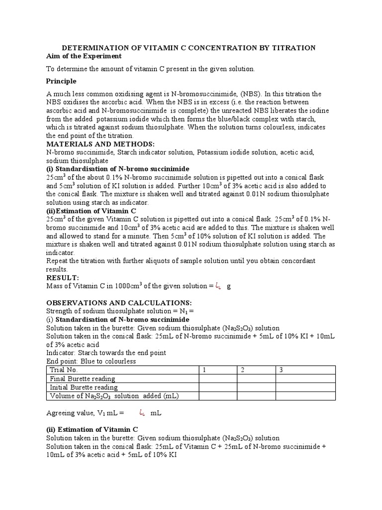 Determination of Vitamin C Concentration by Titration | PDF | Titration ...