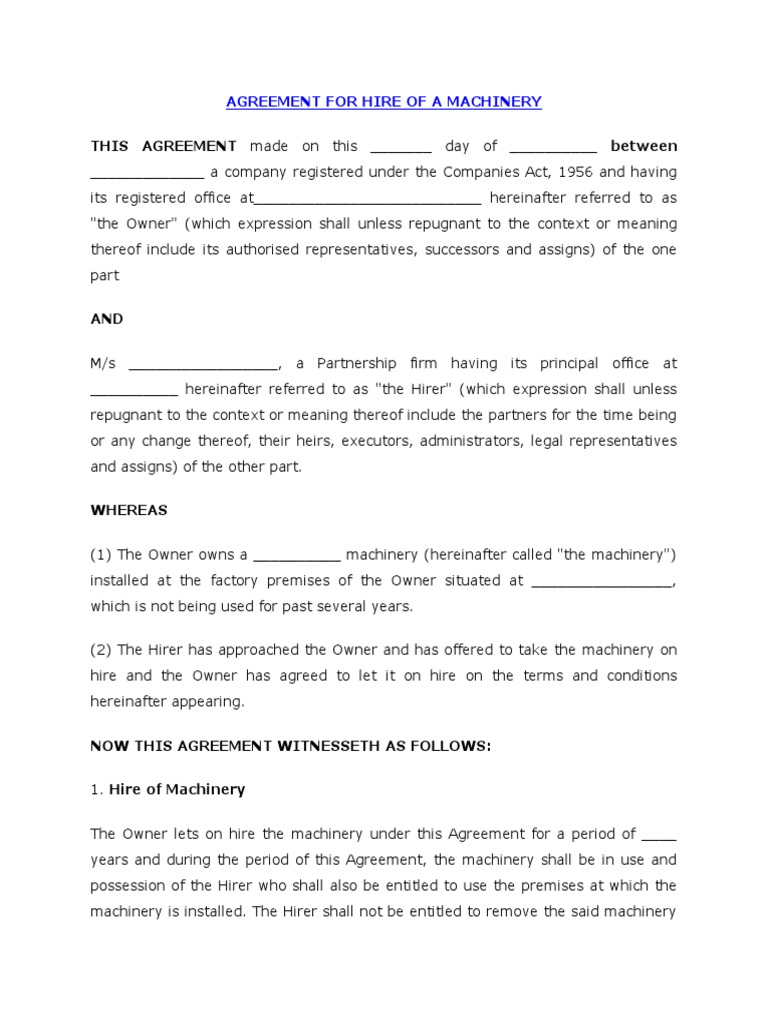Machinery Hire Agreement Template | PDF | Insurance | Arbitration