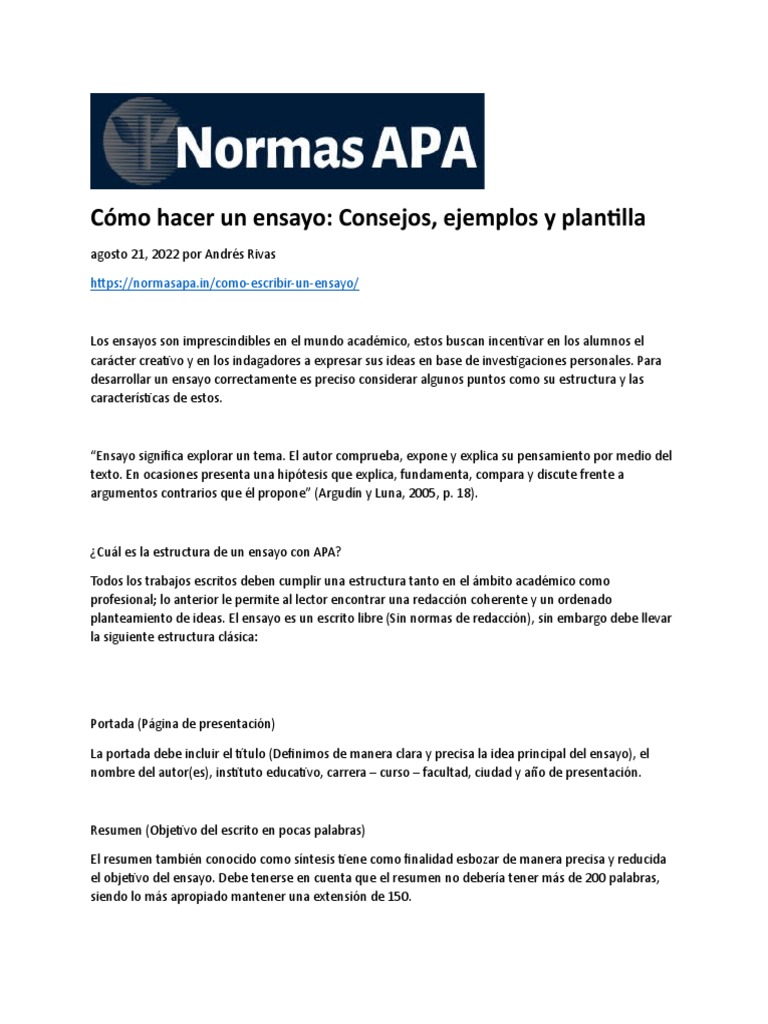 Cómo Escribir Un Ensayo En Formato Apa Pdf Ensayos Sociedad