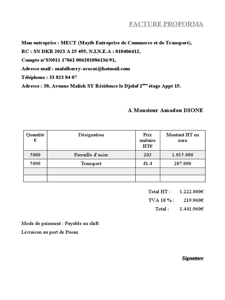 Modèle de Facture Proforma MECT | PDF