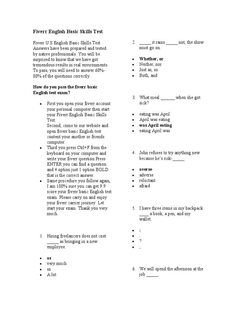Fiverr English Basic Skills Test Guide | PDF