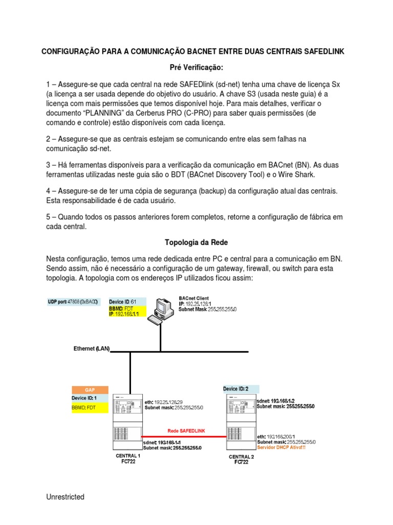 Configuração para Comunicação BACnet Entre Duas Centrais SAFEDLINK ...